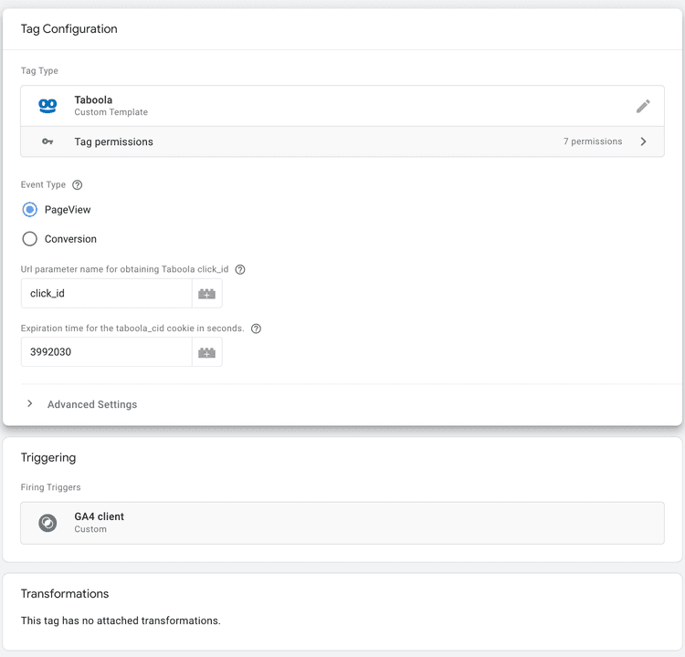Taboola server-side tracking using server Google Tag Manager - Stape