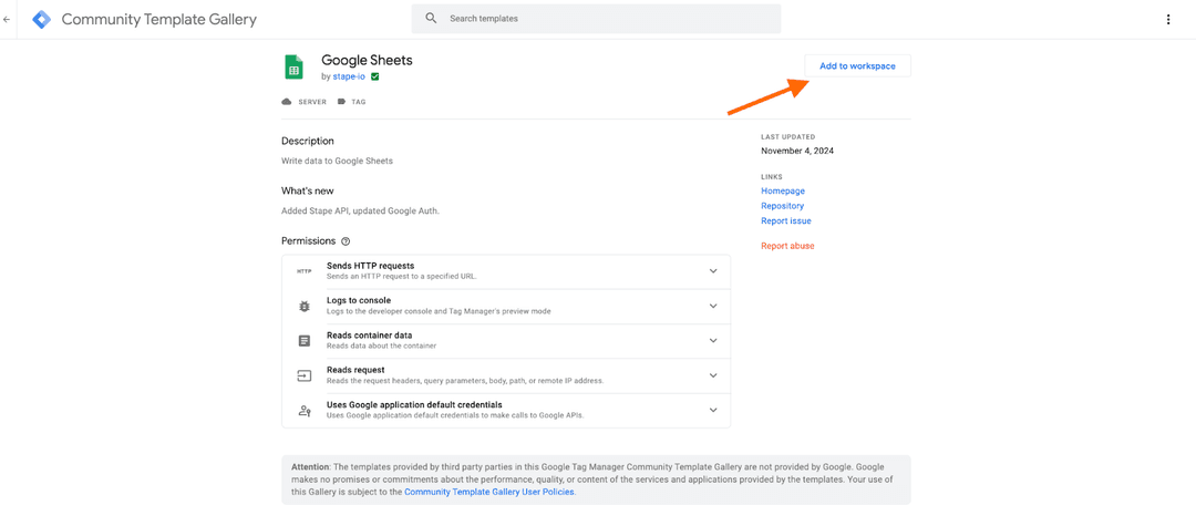 Write data from server Google Tag Manager to Google Sheets - Stape