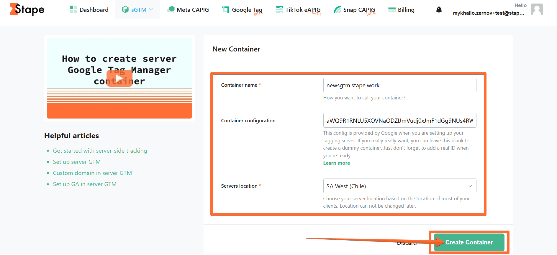 How to Create a Server Container in Stape | Stape