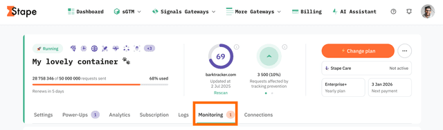 Monitoring feature from Stape